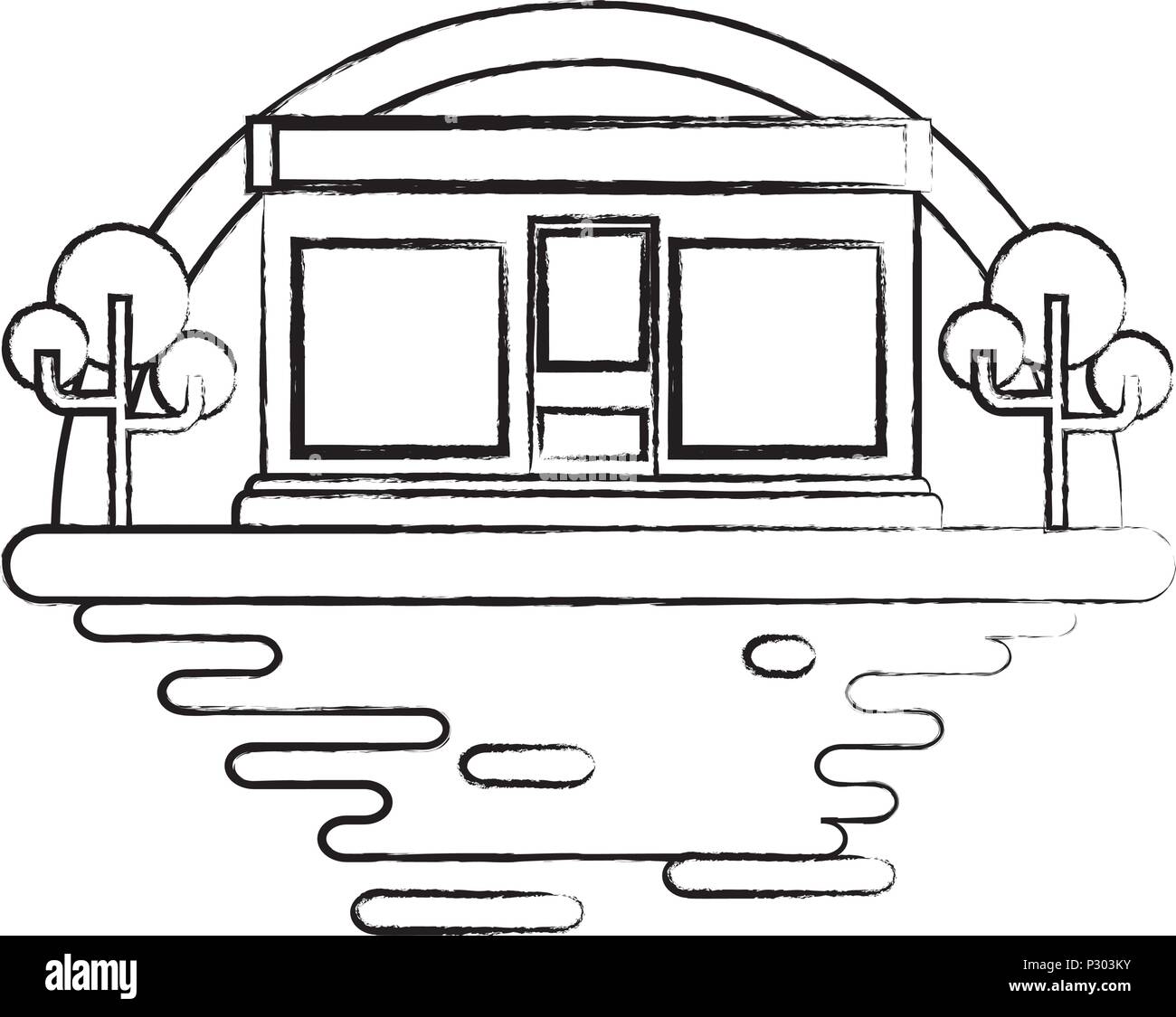 sketch of shop and trees over landscape and white background, vector ...