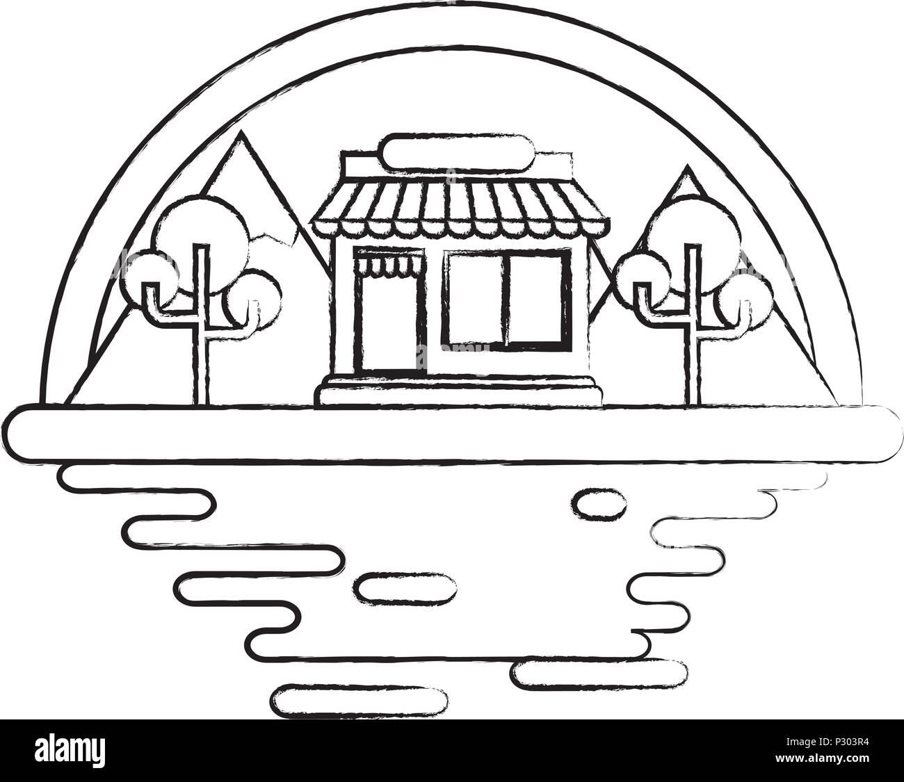 sketch of shop and trees over landscape and white background, vector ...