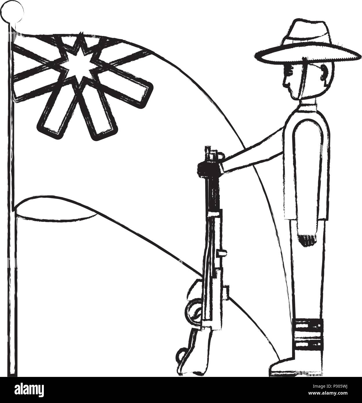 Anzac day design with australian flag and soldier standing guard over ...