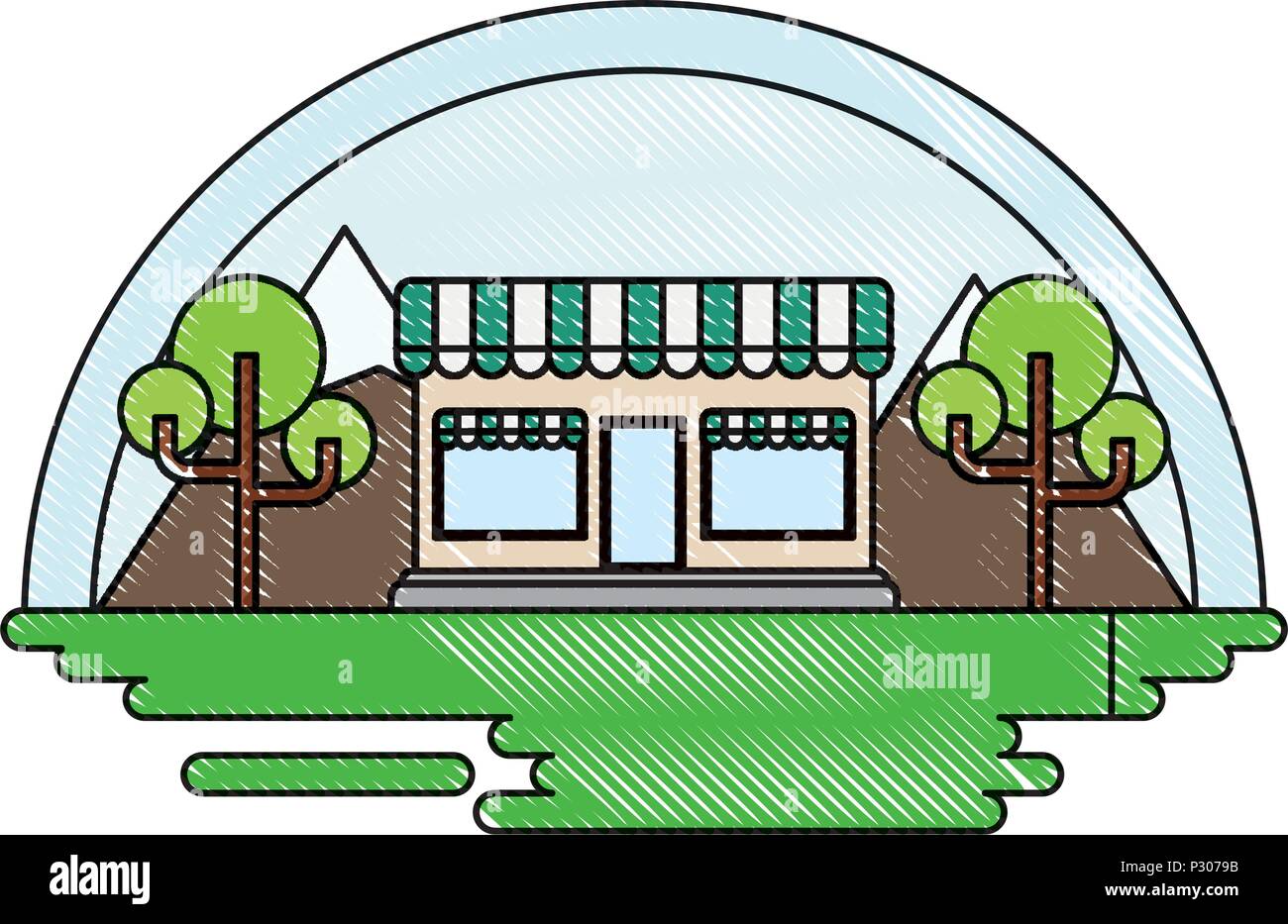 store and trees over landscape and white background, colorful design ...