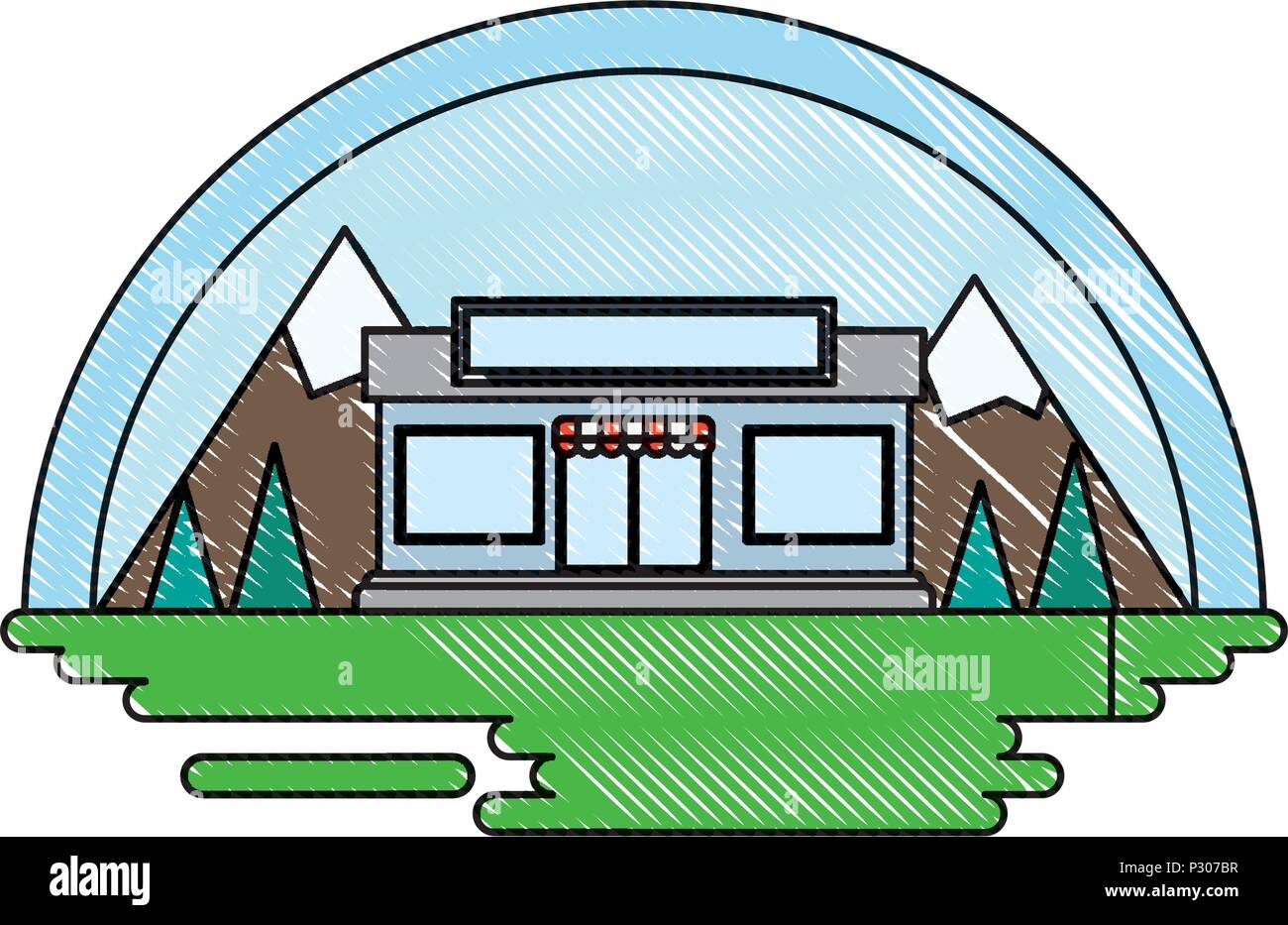 store over mountains landscape and white background, colorful design ...