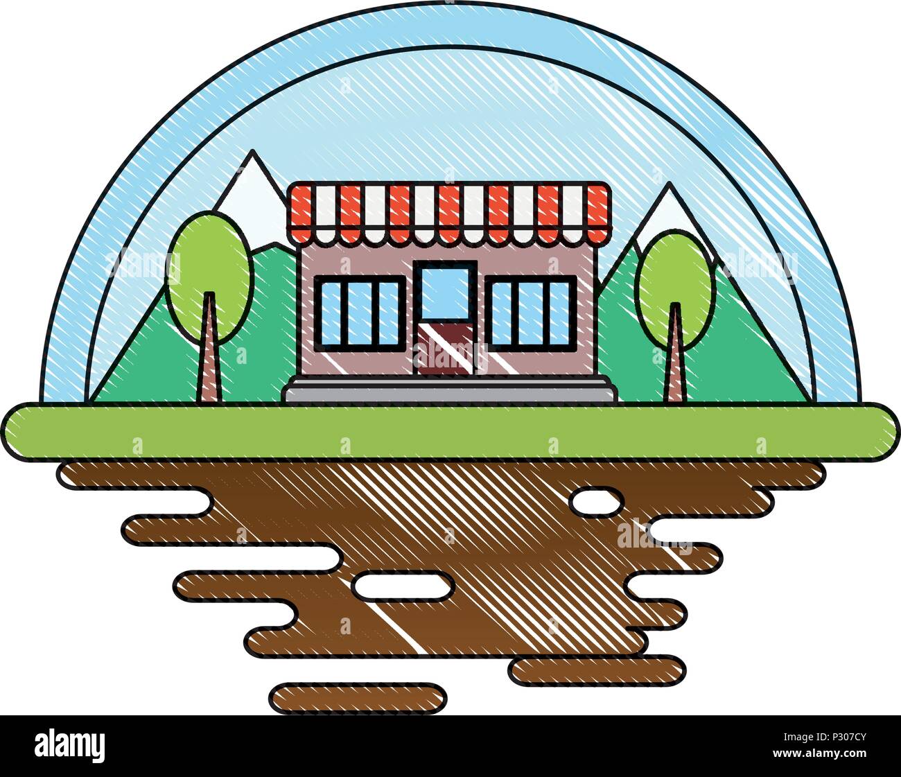 store and trees over landscape and white background, colorful design ...