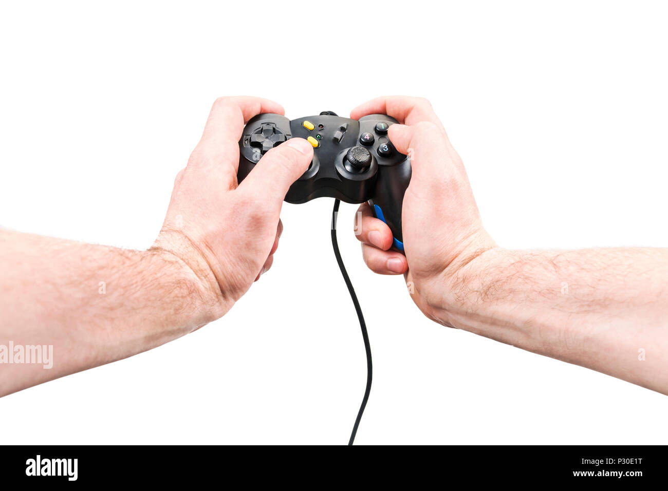 Man hands hold the joystick by pressing the control buttons, isolated ...
