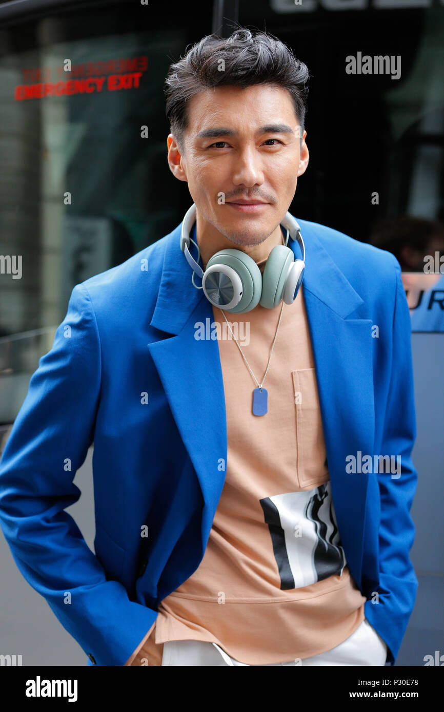 Actor and model Hu Bing outside Press bus after Ben Sherman SS19 ...