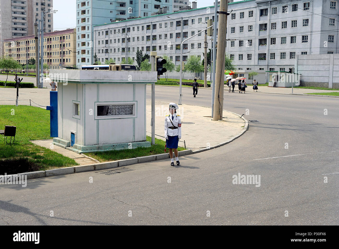 Pyongyang, North Korea, traffic policeman regulates the traffic Stock ...