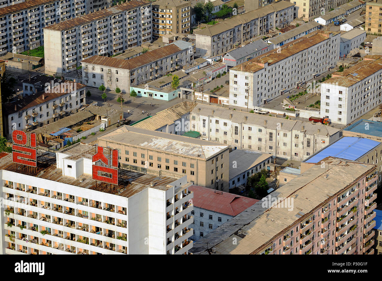 Pyongyang, North Korea, residential and office building in the center ...