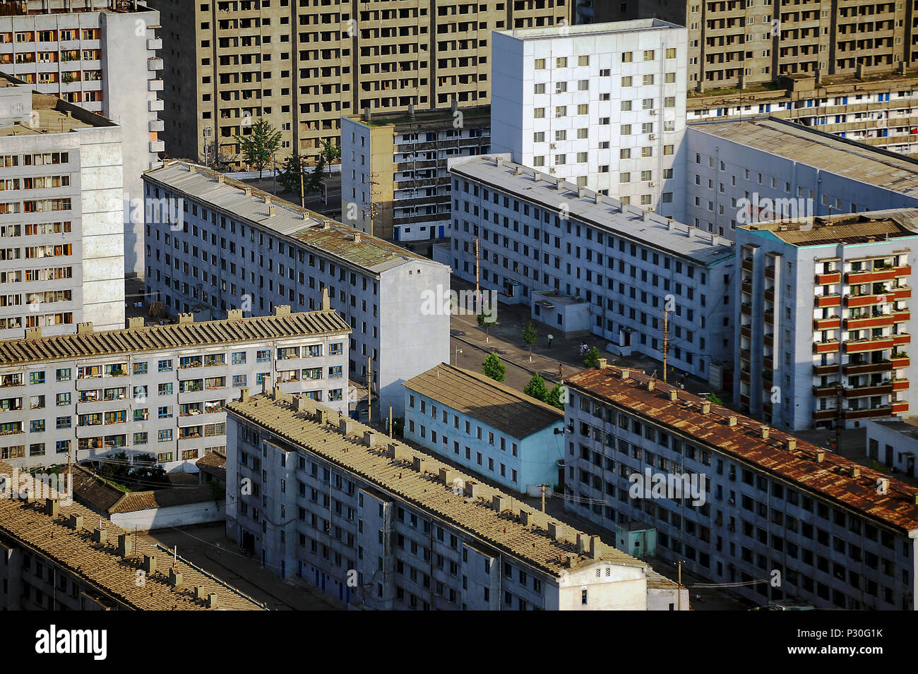 Pyongyang, North Korea, residential and office building in the center ...