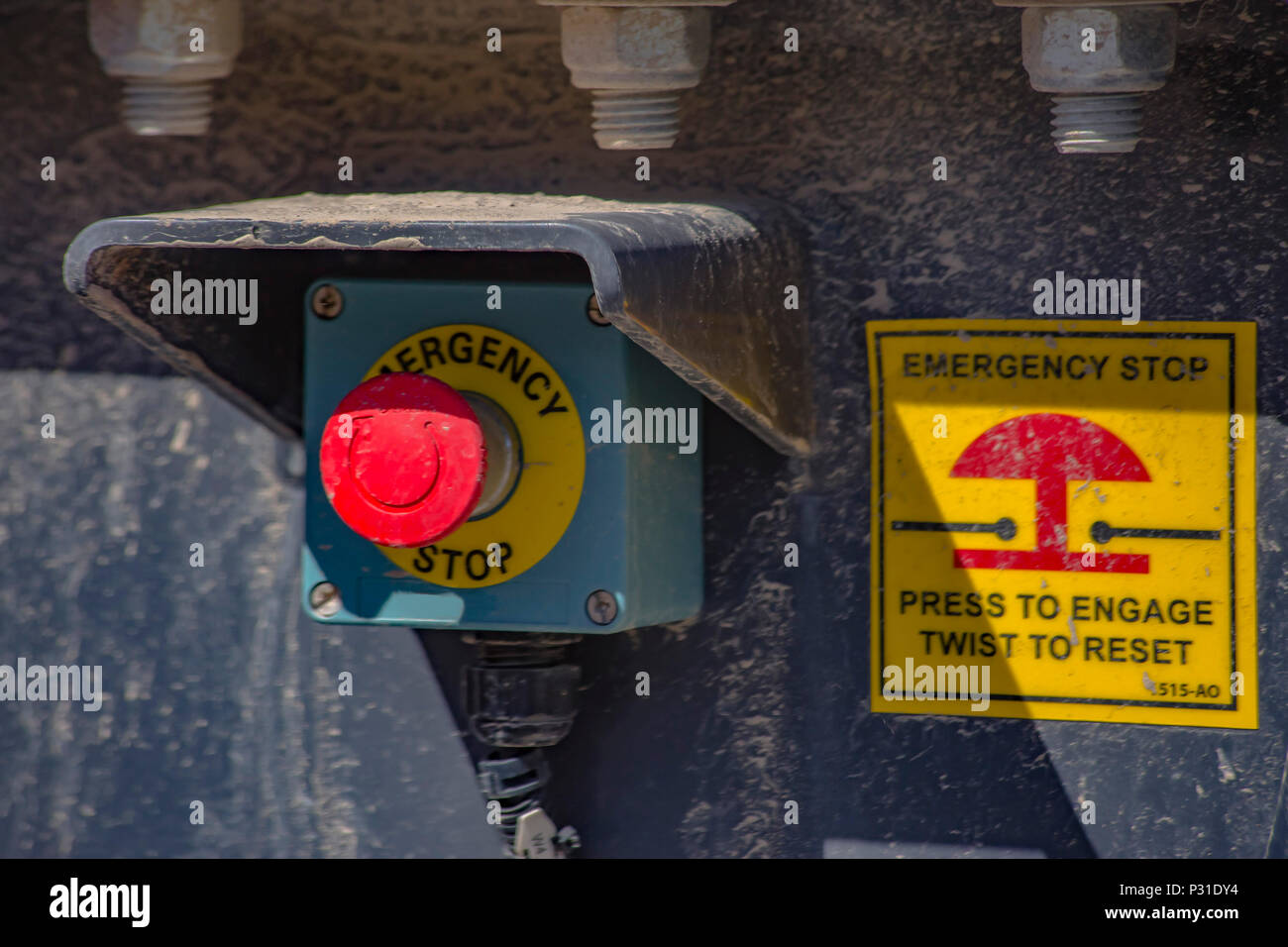 Emergency stop button on heavy machinery in Utah Valley Stock Photo - Alamy
