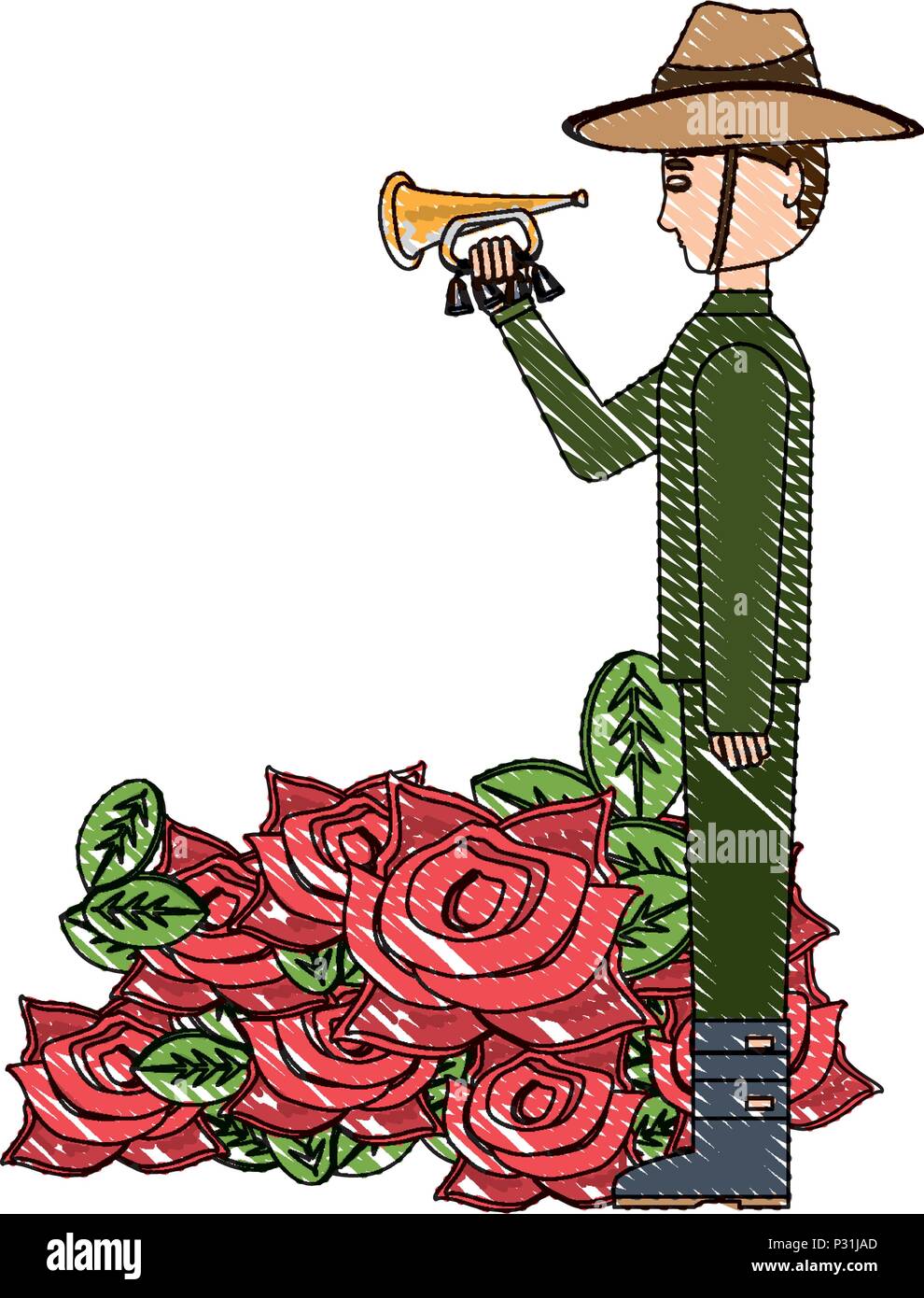 Anzac day design with poppy flowers and soldier blowing trumpet over ...