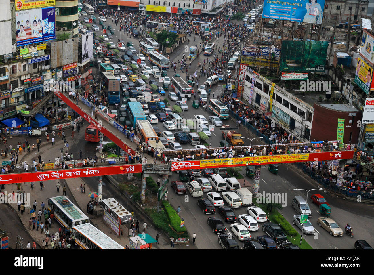 Aerial view of the Farmgate foot overbridge in Dhaka city, Bangladesh ...