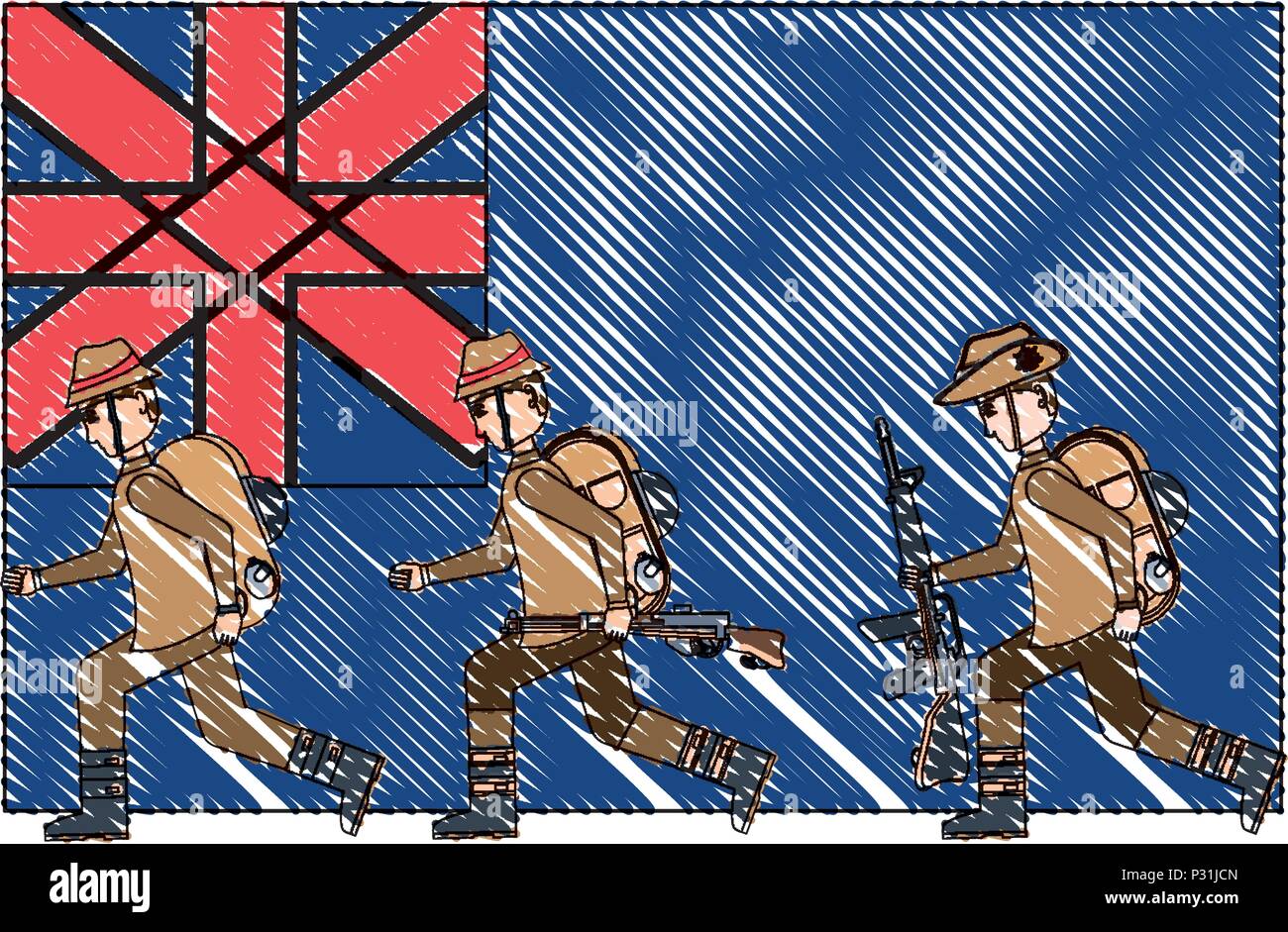 Anzac day design with australian flag and military soldiers over white ...