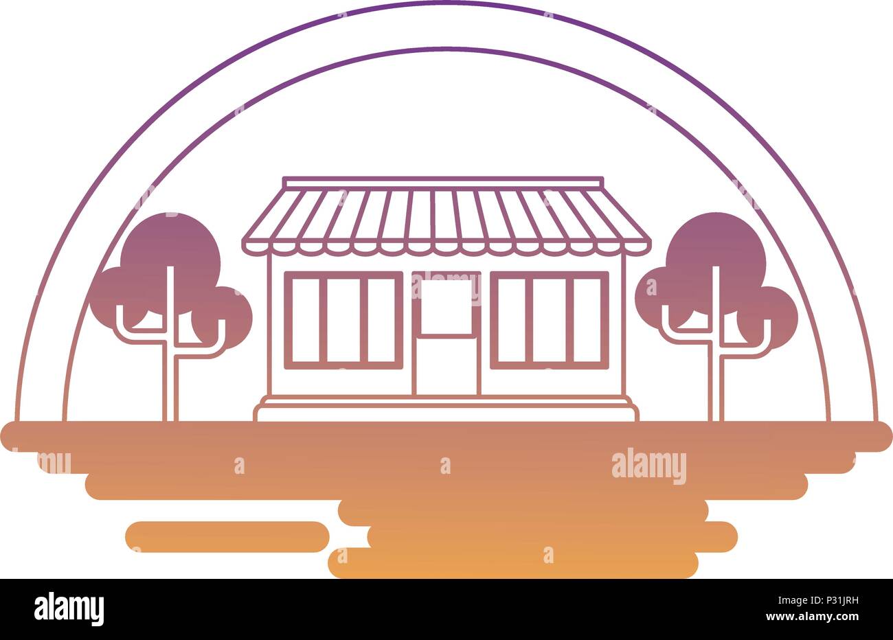 shop and trees over landscape and white background, colorful design ...