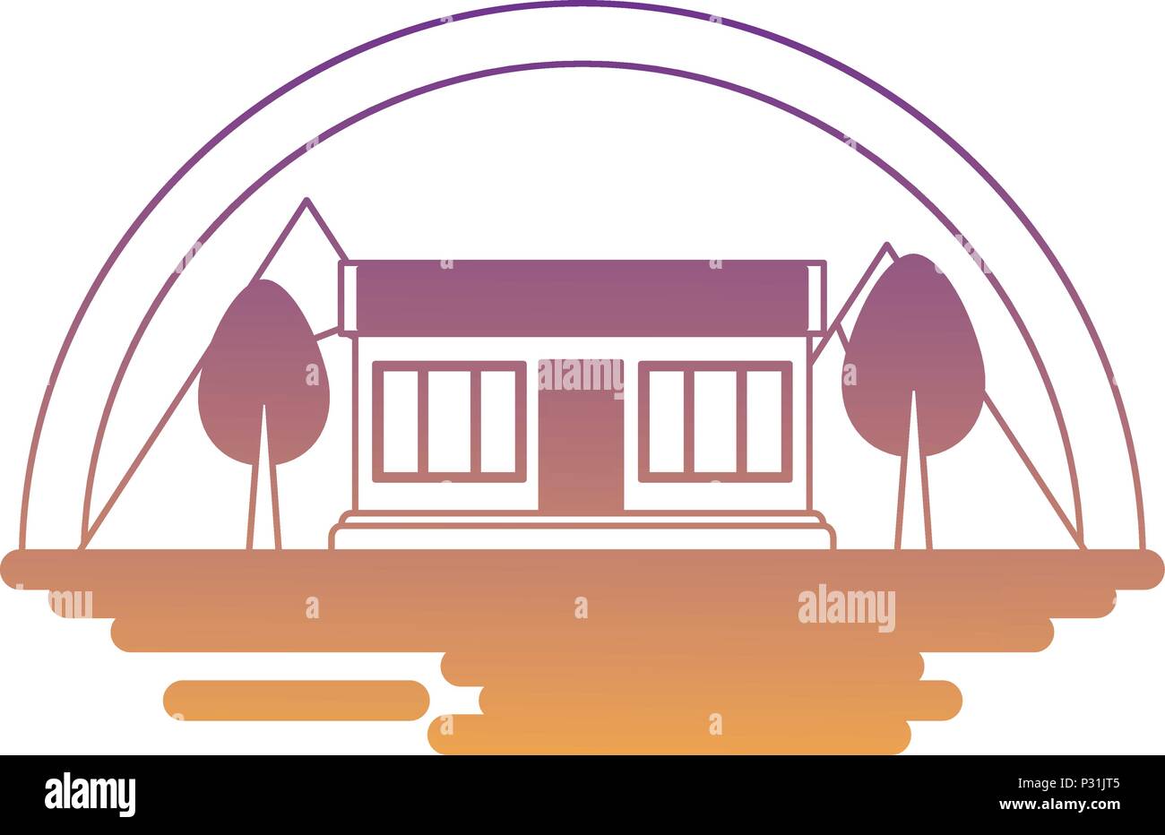 shop and trees over landscape and white background, colorful design ...