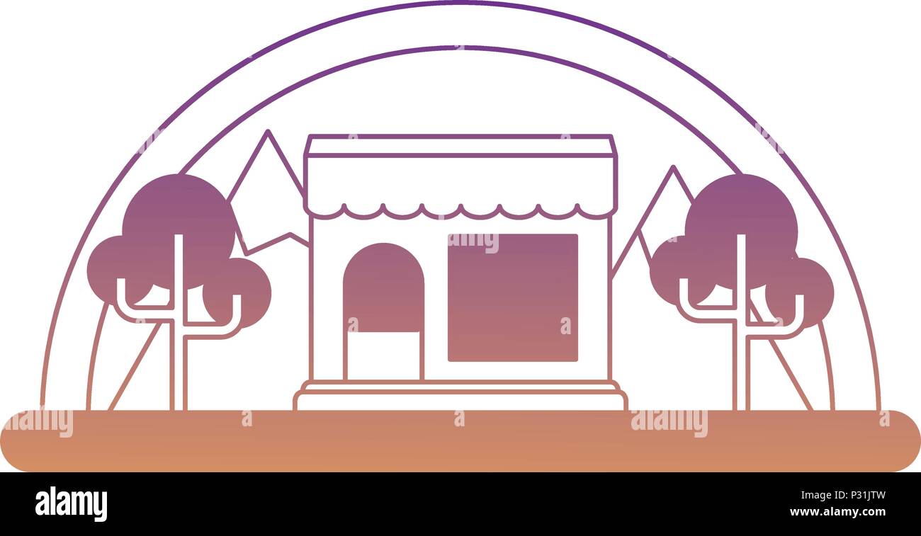 shop and trees over landscape and white background, colorful design ...