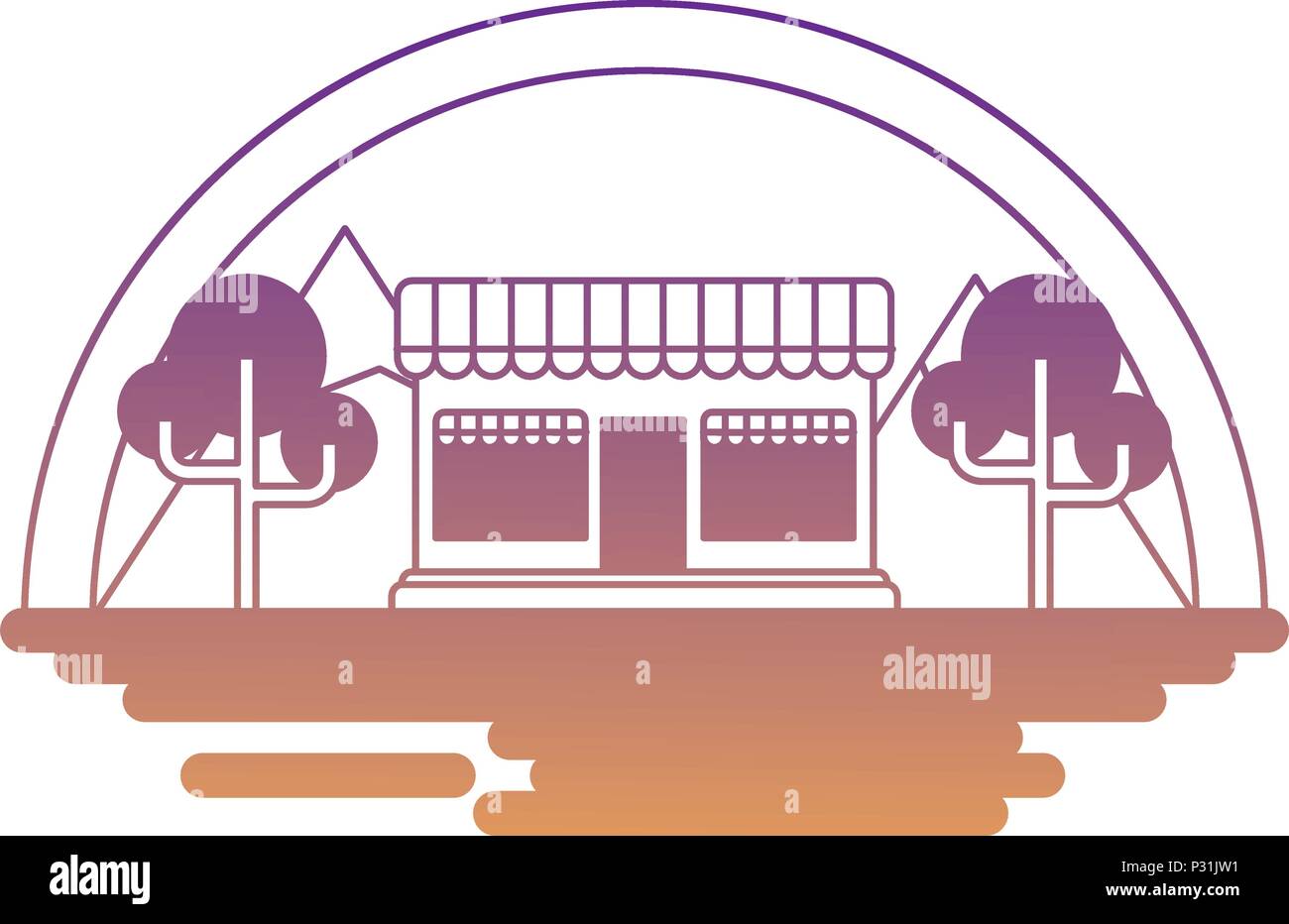 store and trees over landscape and white background, colorful design ...