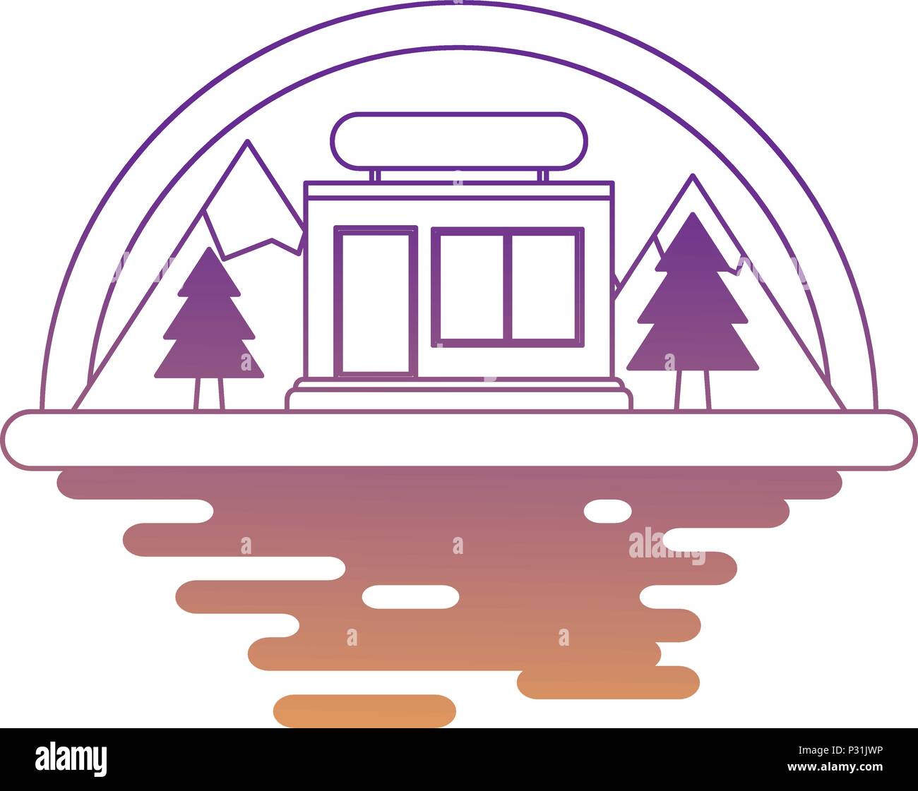 shop and trees over landscape and white background, colorful design ...