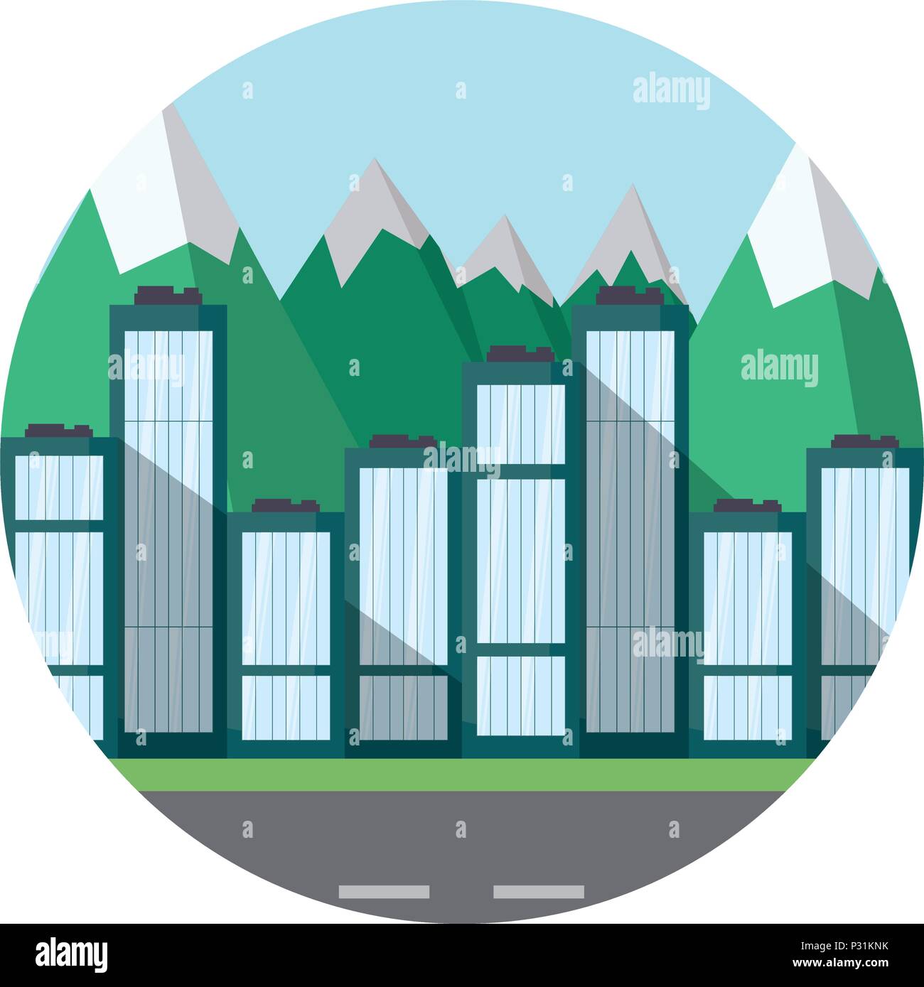 city buildings over mountains landscape in circle shape over white ...