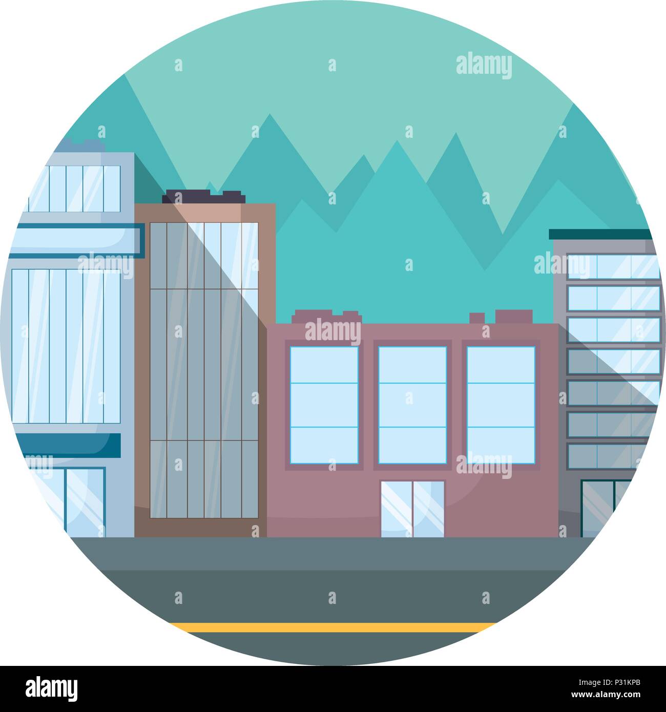 circular shape with city buildings over landscape and white background ...