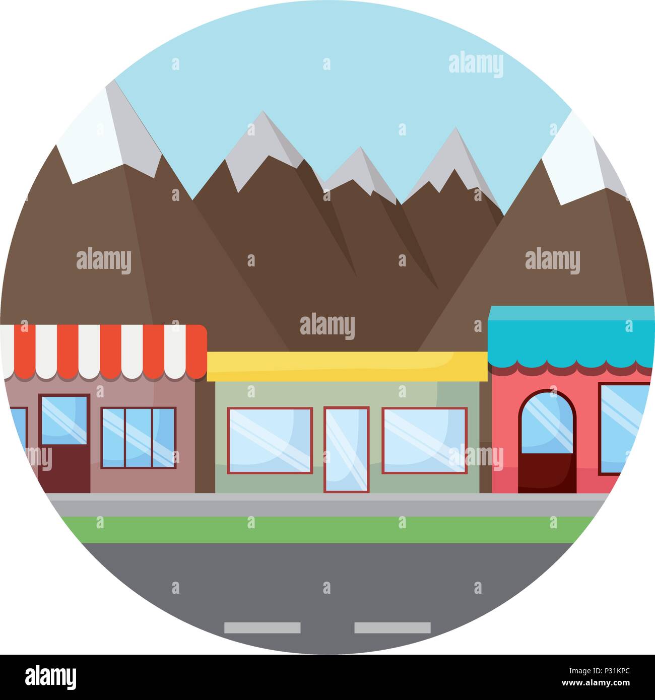 street with stores and buildings over mountains landscape in circular ...