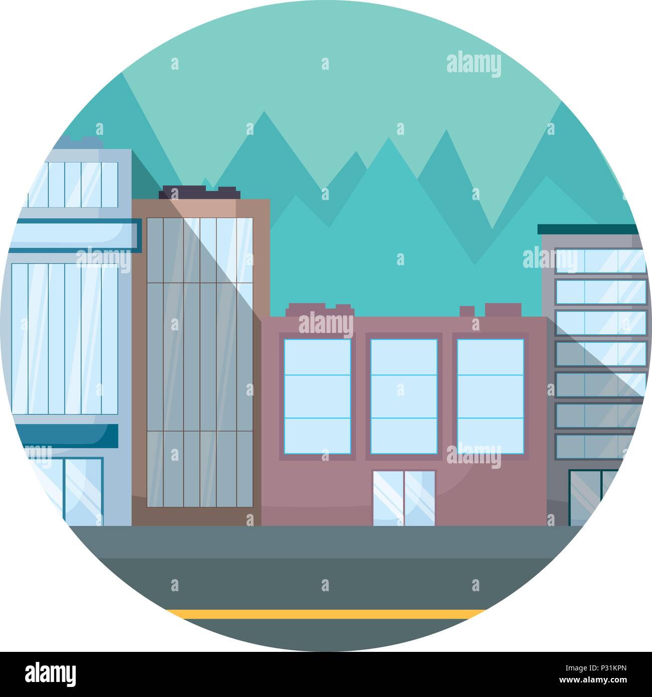circular shape with city buildings over landscape and white background ...