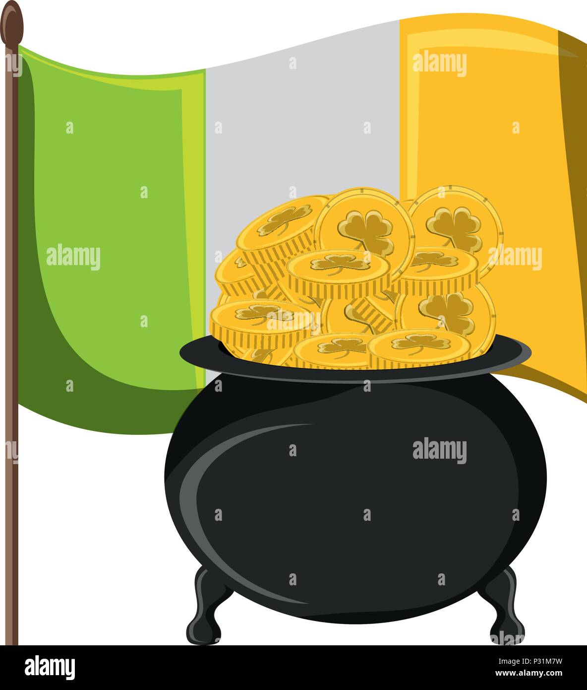 ireland flag with pot of gold with coins over white background, vector ...