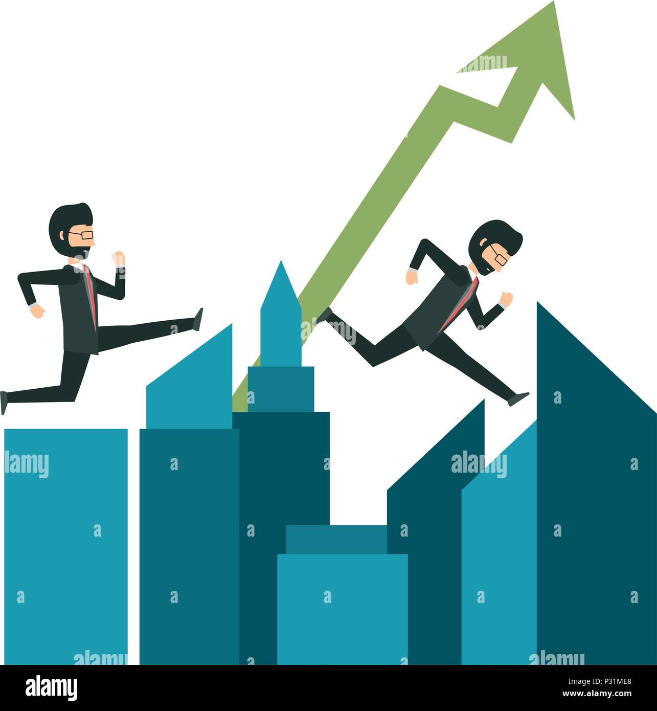 cartoon businessmen running in city buildings over white background ...
