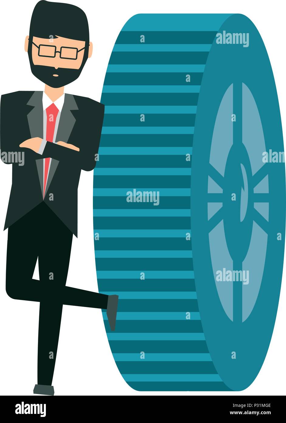 businessman standing next to a gear wheel over white background, vector ...