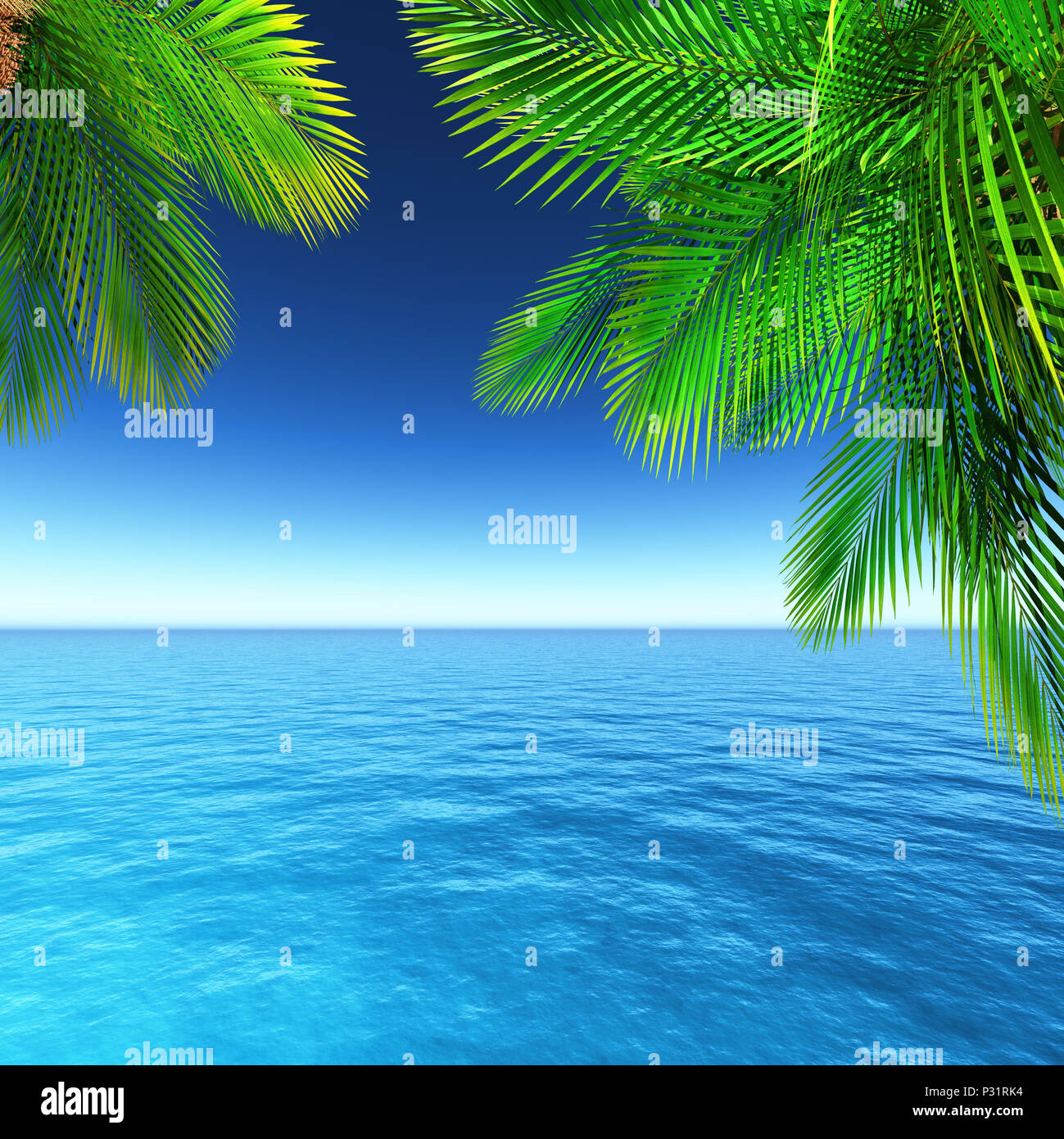 3D render of a tropical landscape with palm trees and ocean Stock Photo ...