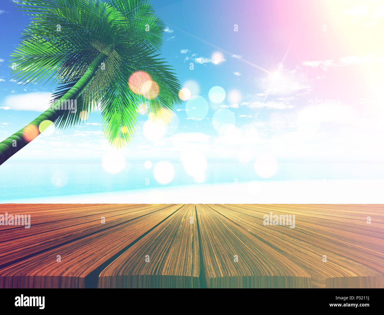 3D render of a wooden deck with tropical beach in background with ...