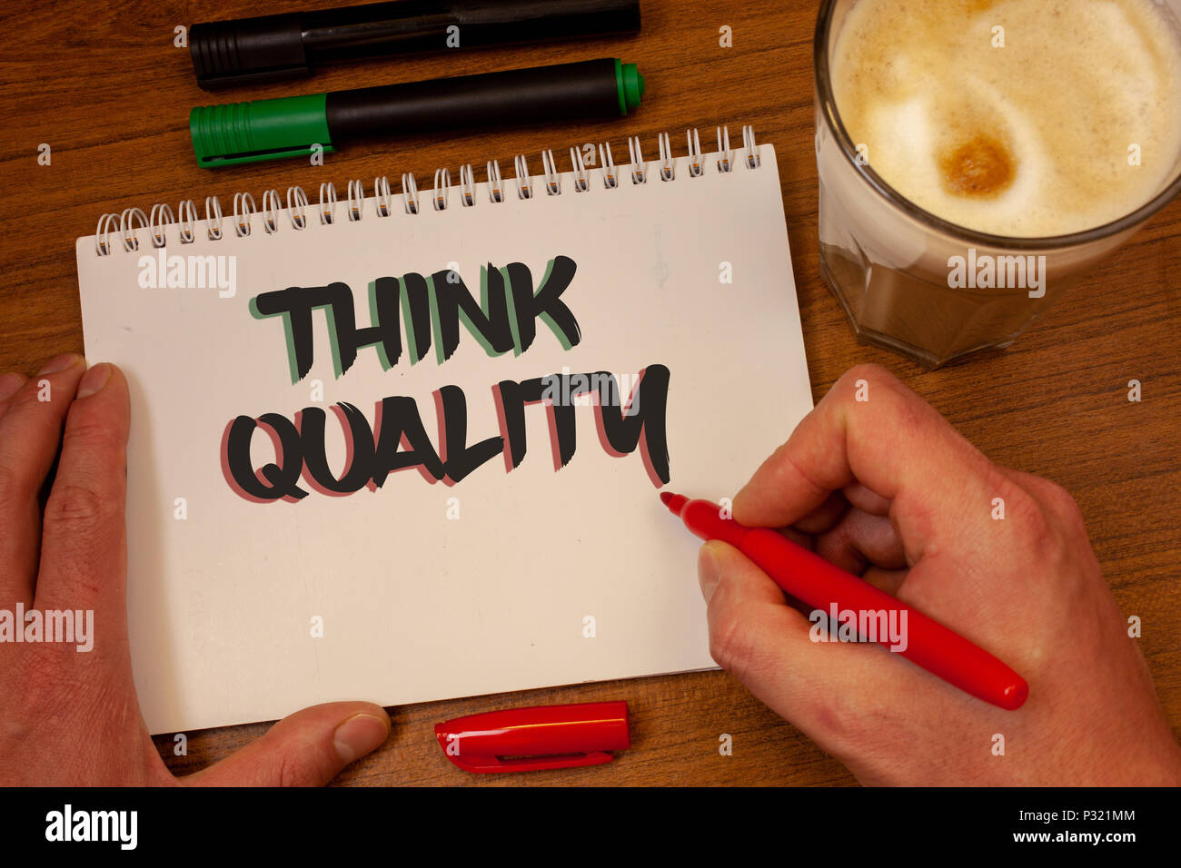 Writing note showing Think Quality. Business photo showcasing Thinking ...