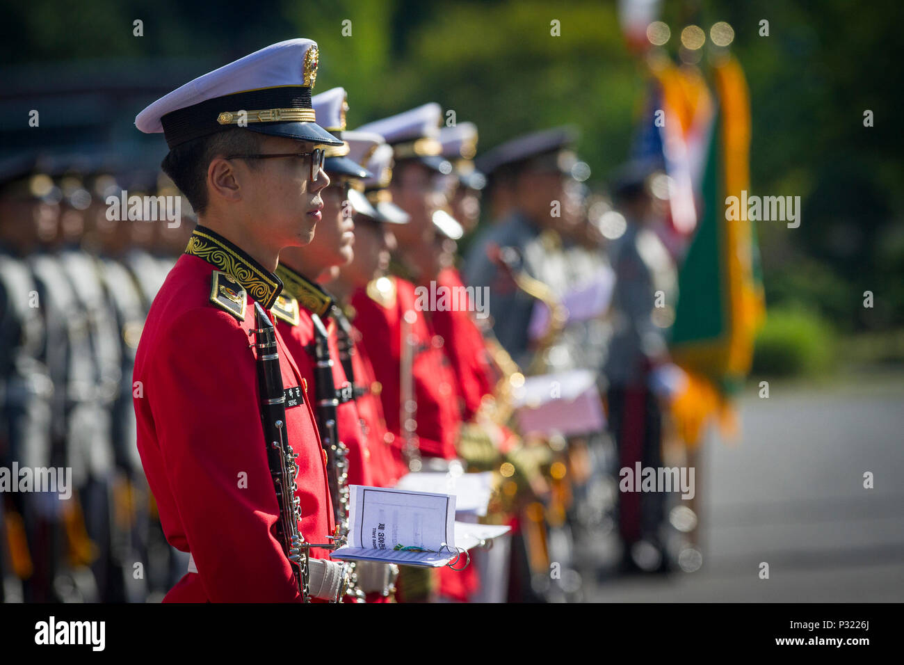 A soldier in the Third Republic of Korea Army band stands in formation ...