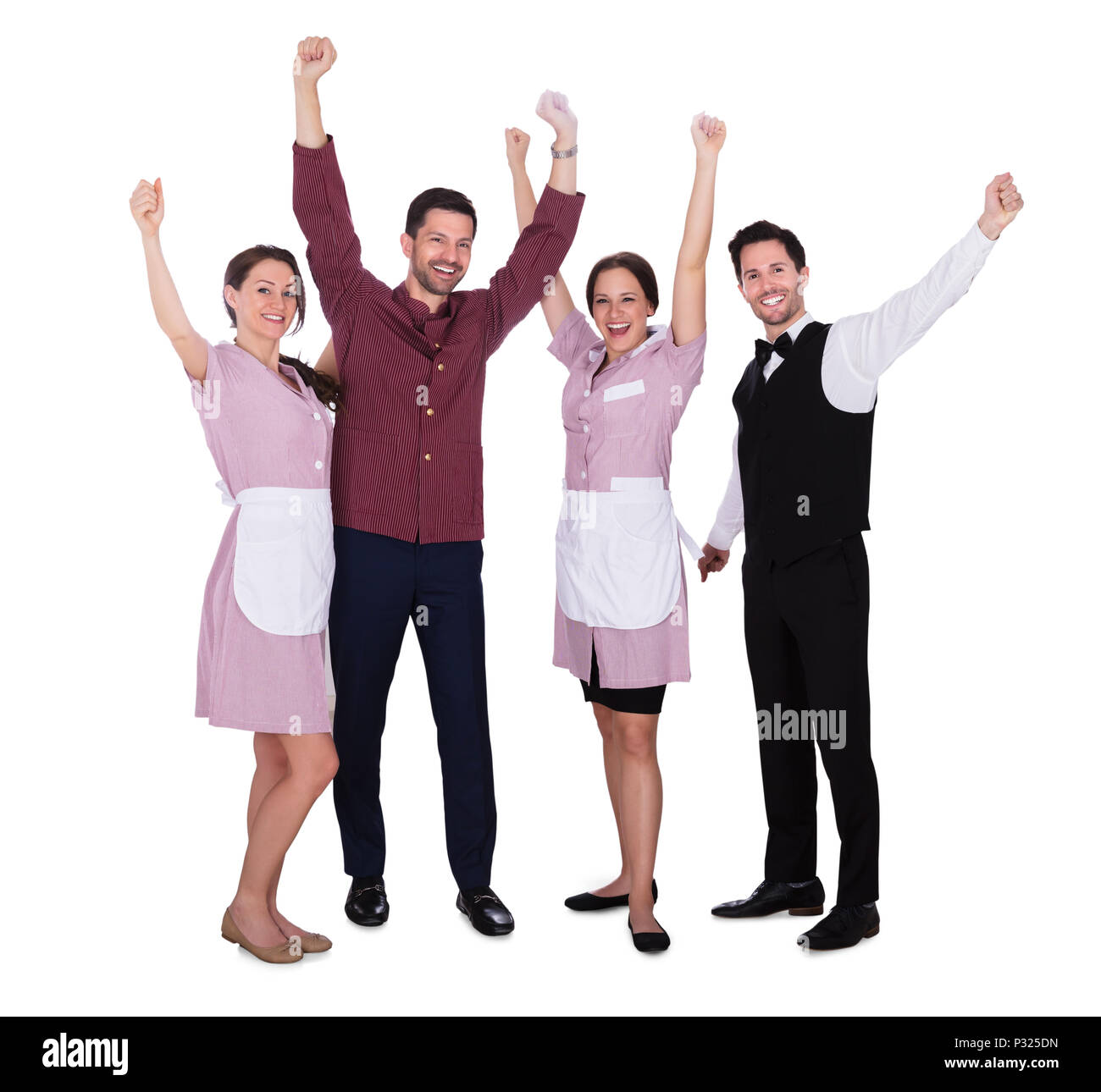 Happy Young Staff Raising Their Arms On White Background Stock Photo ...