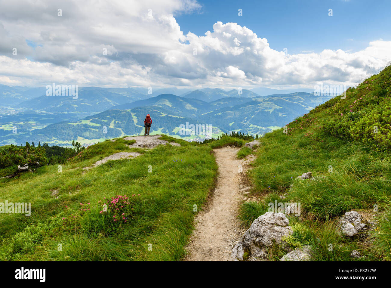 Hiker at Ellmauer Halt, Wilder Kaiser mountains of Austria - close to ...