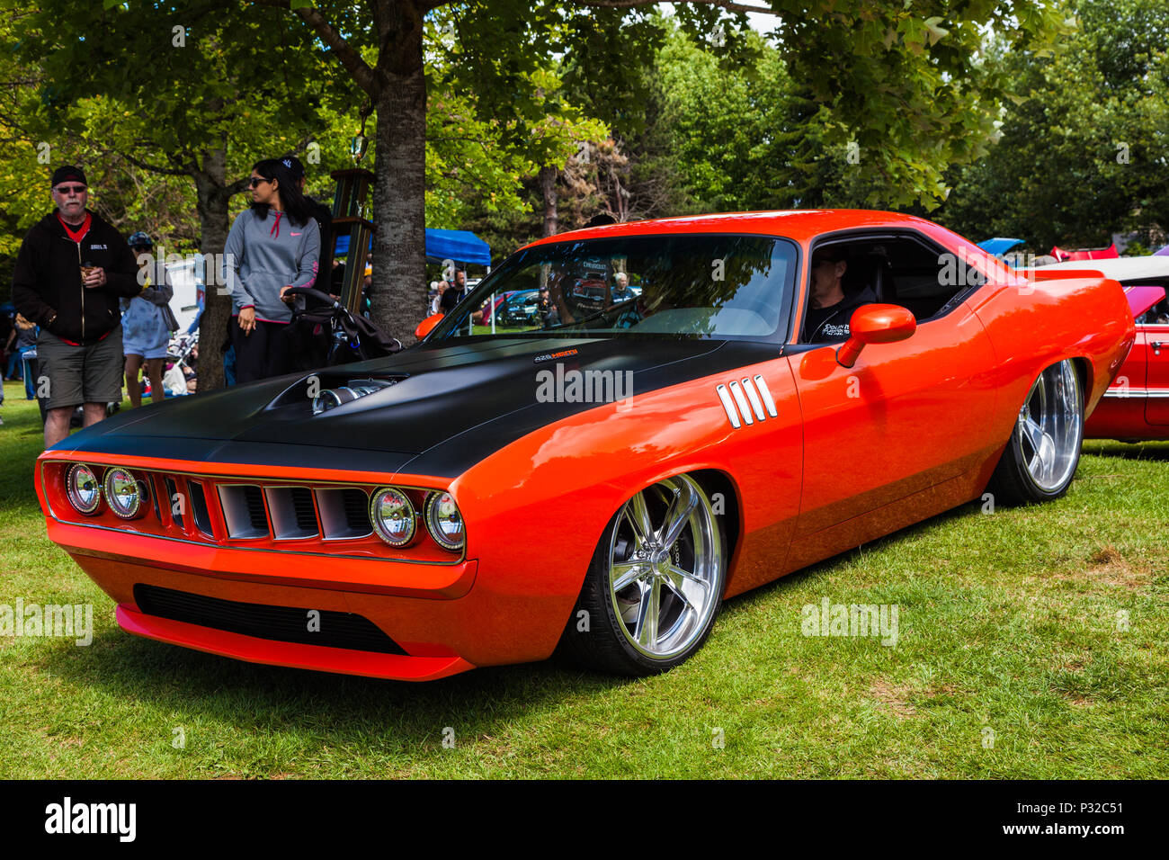Restored and customized Plymouth Baracuda at an open air car show Stock ...
