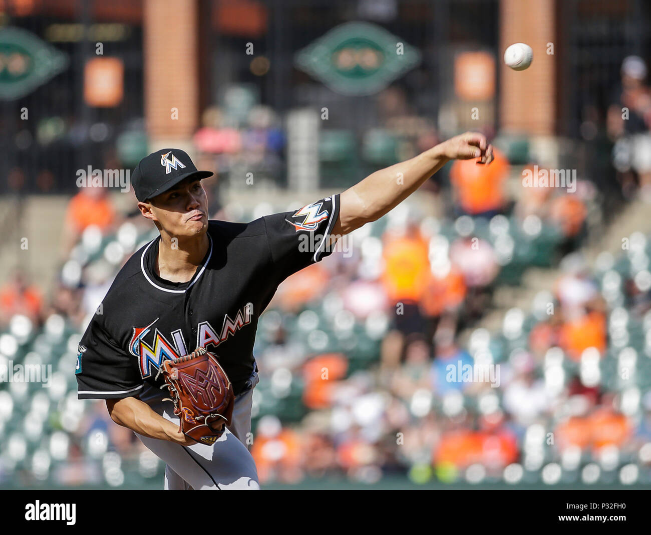 Baltimore, MD, USA. 16th June, 2018. Miami Marlins Pitcher #54 Wei-Yin ...
