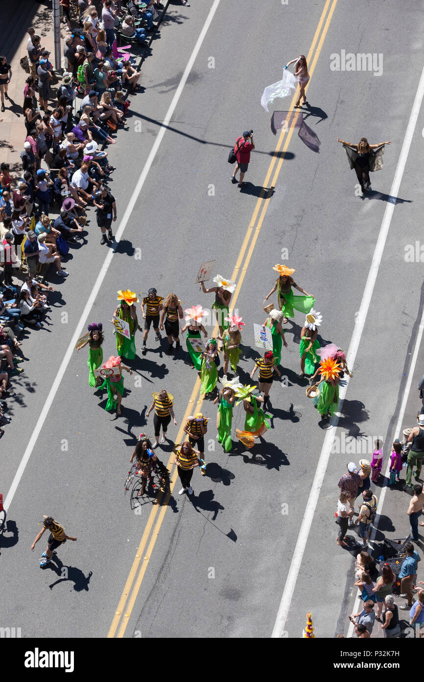 Seattle, Washington, USA. Aerial view of the Fremont Solstice Parade ...