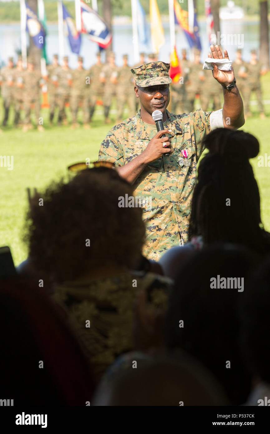 U.S. Marine Corps Master Gunnery Sgt. James Stanley, speaks during his ...