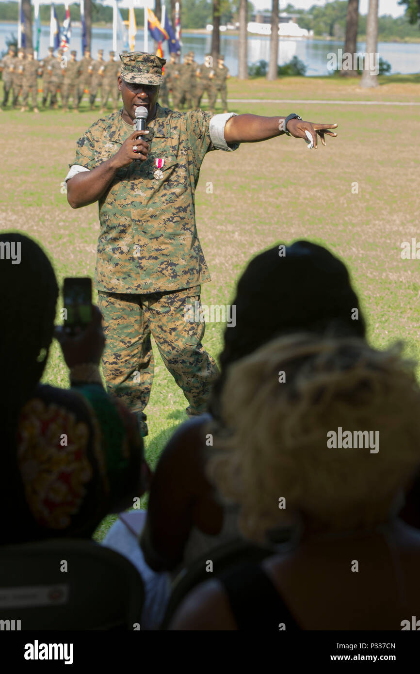 U.S. Marine Corps Master Gunnery Sgt. James Stanley, speaks during his ...