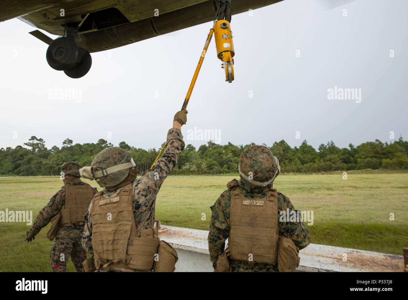 U.S. Marines with 2nd Transportation Support Battalion, attach a static ...