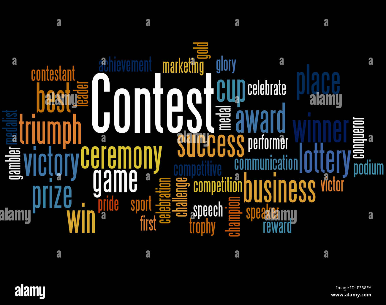 Contest, word cloud concept on black background Stock Photo - Alamy