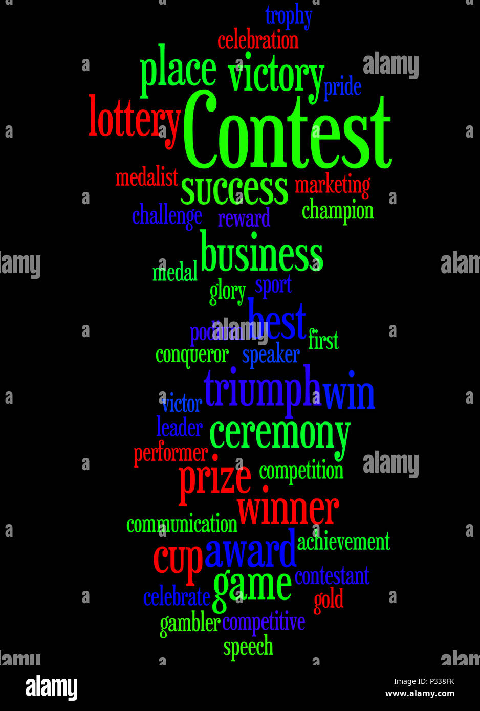 Contest, word cloud concept on black background Stock Photo - Alamy