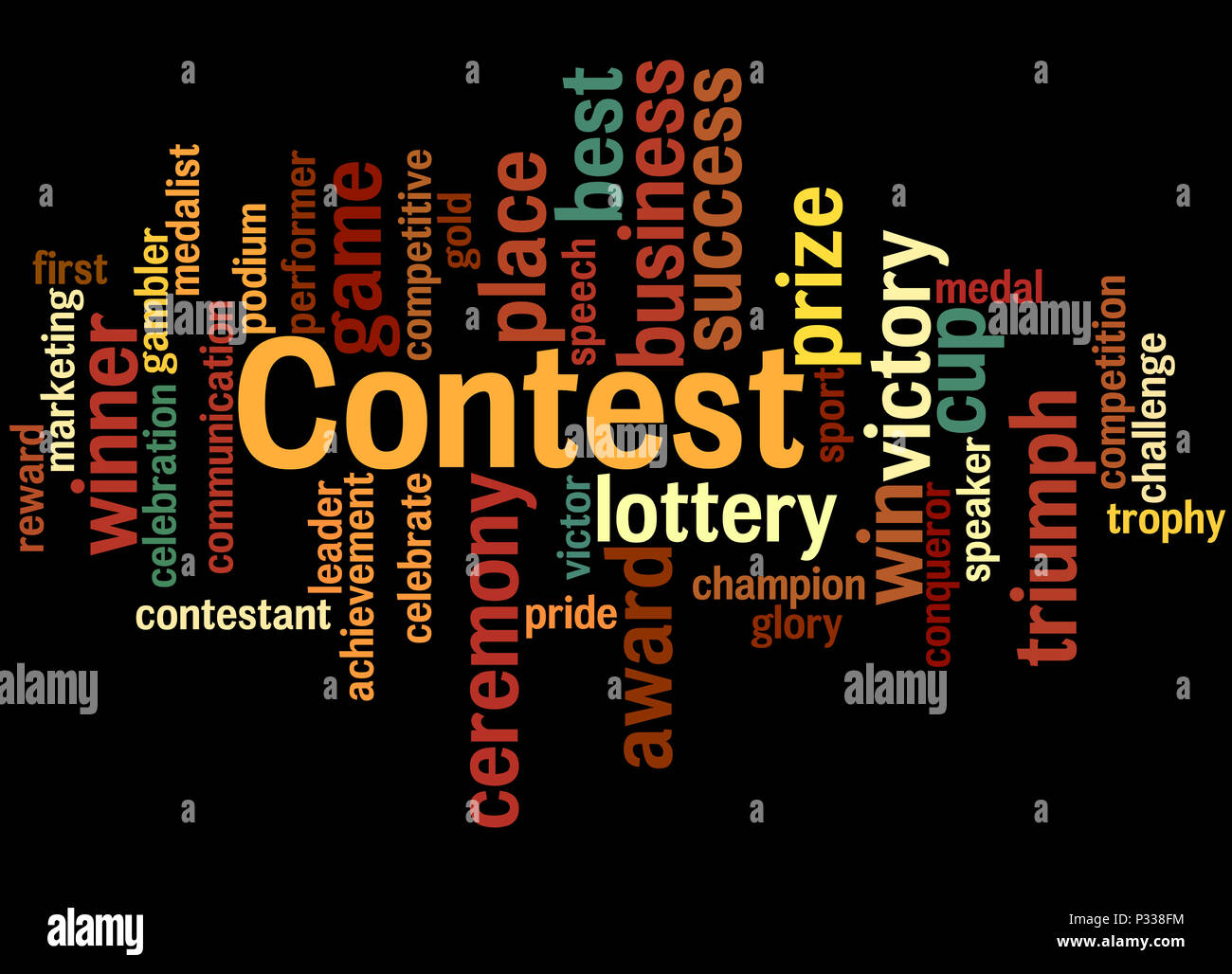 Contest, word cloud concept on black background Stock Photo - Alamy