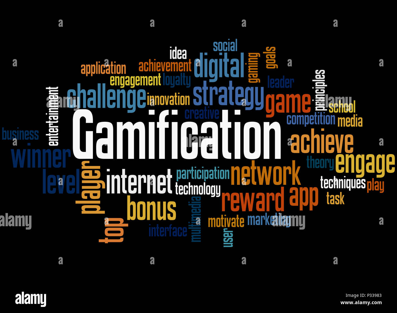 Gamification, word cloud concept on black background Stock Photo - Alamy