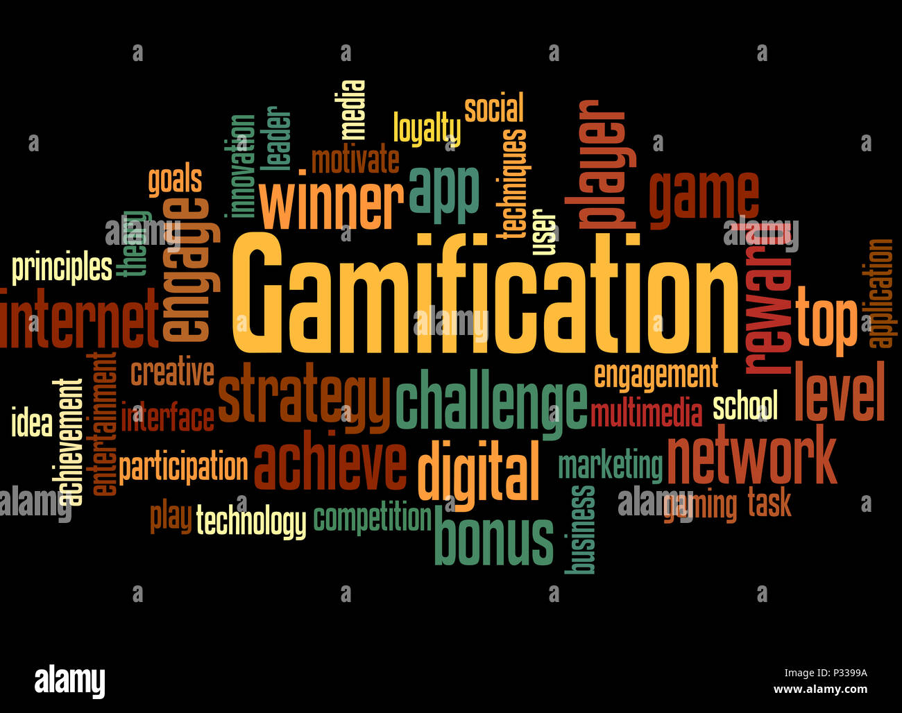 Gamification, word cloud concept on black background Stock Photo - Alamy