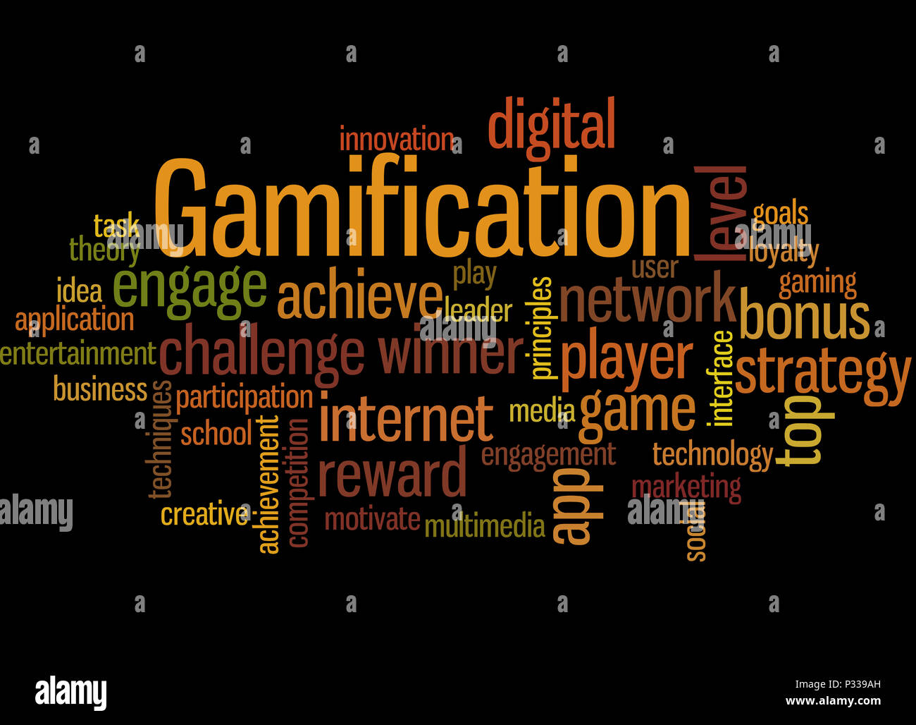 Gamification, word cloud concept on black background Stock Photo - Alamy