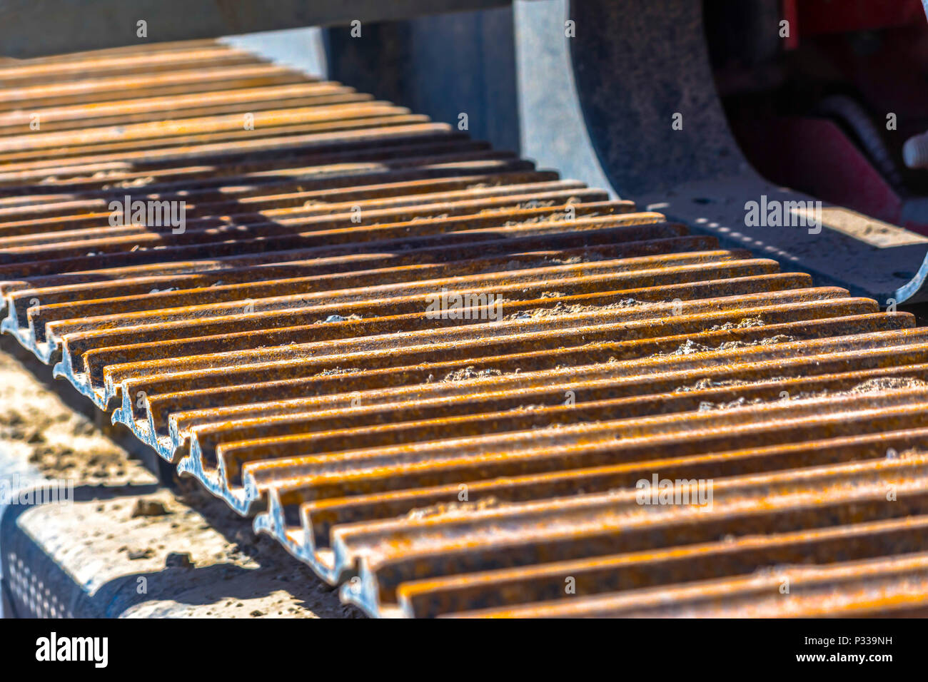Detail photos of a dump truck at an excavation zone in an area of new ...