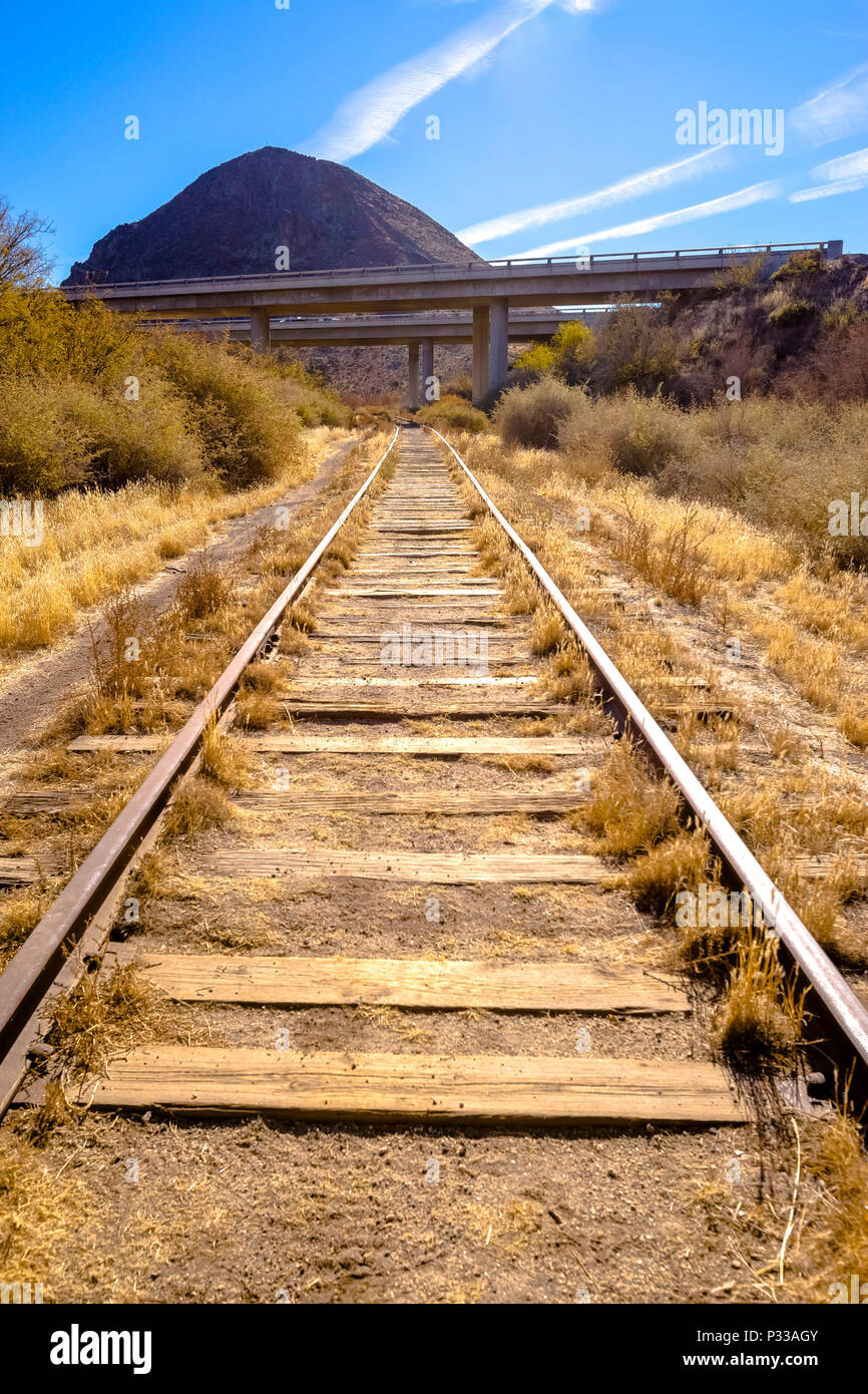 Train tracks in the desert with dry vegetaion growing between the ...