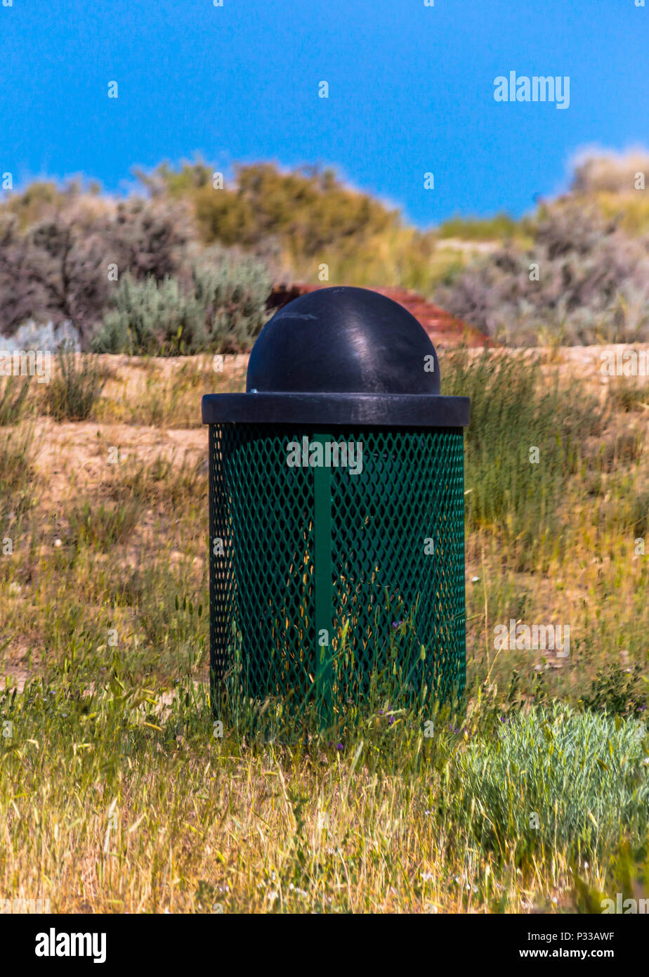 Trash can spotted on a hike in Eagle Mountain, Utah Stock Photo - Alamy