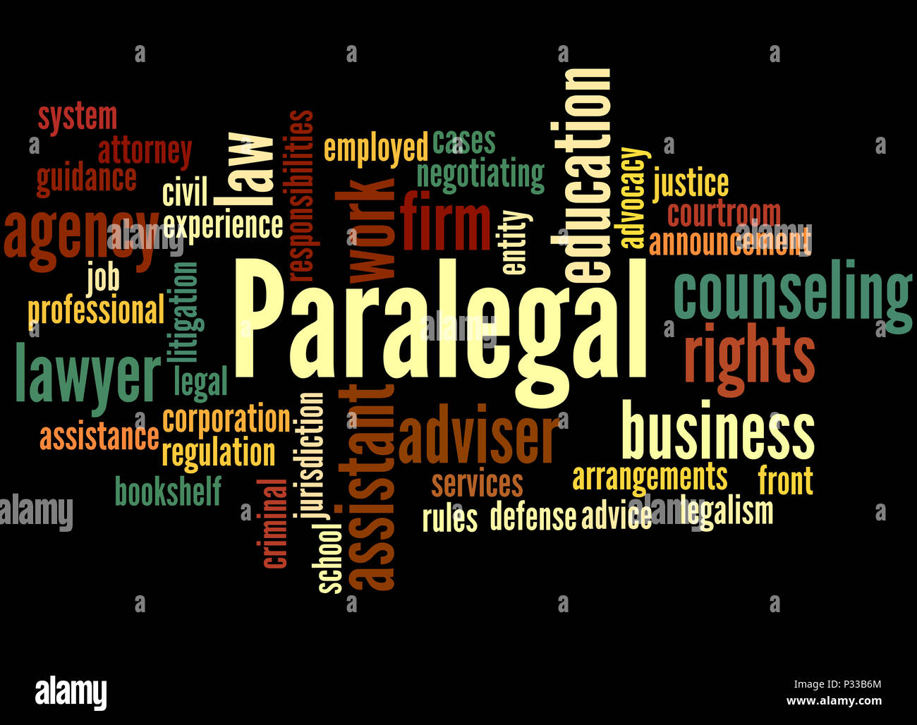 Paralegal, word cloud concept on black background Stock Photo - Alamy