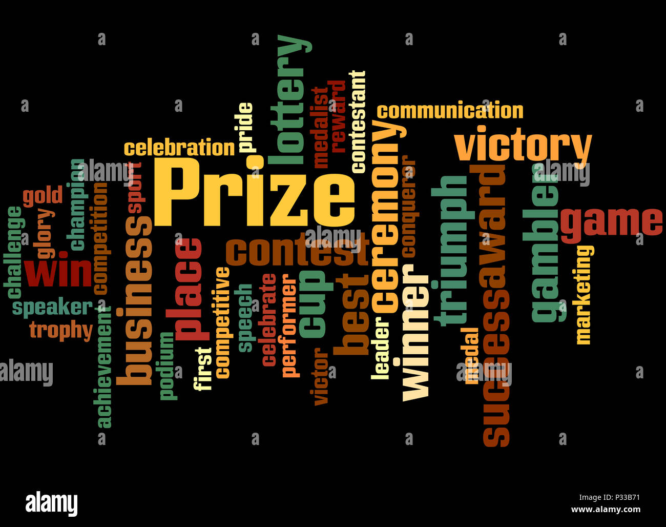 Prize, word cloud concept on black background Stock Photo - Alamy